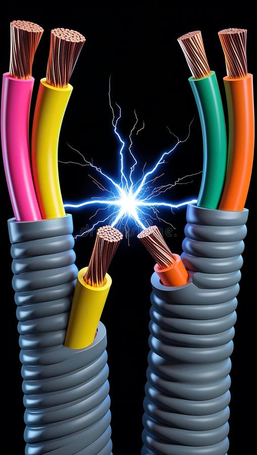 Severed Electrical Cables with Multicolored Wires on Black Background ...