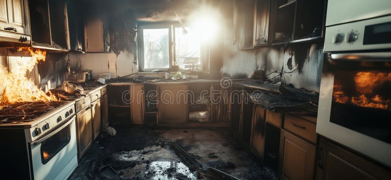 Severely Damaged Kitchen after Fire Incident with Smoke and Ashes Stock ...