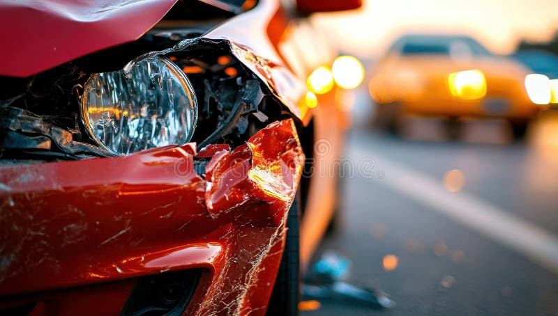 Severely Damaged Red Car after a Collision, Showing Extensive Front-end ...