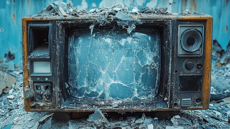 A Severely Damaged Vintage Television Set with a Cracked Screen, Surrounded by Debris Stock ...