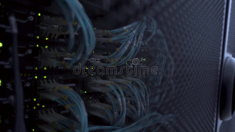 Severs Computer in a Rack at the Large Data Center. Optical Fiber Cable ...