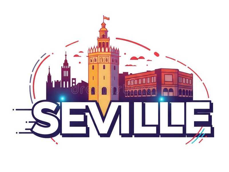Seville City Skyline Illustration with Bold Typography Stock ...