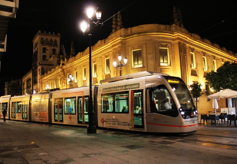 Seville Tram at Night editorial photo. Image of rail - 28344976