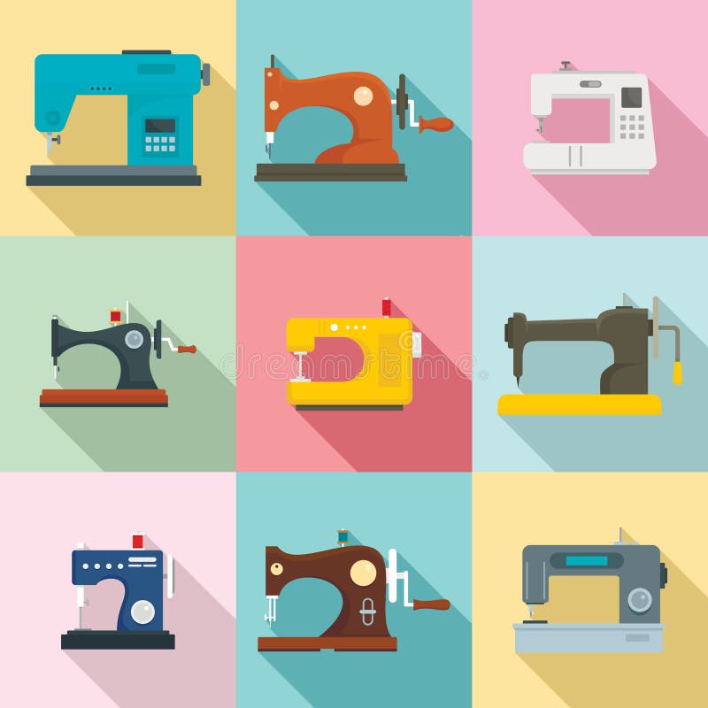 Sew Machine Icon Set, Flat Style Stock Vector - Illustration of ...