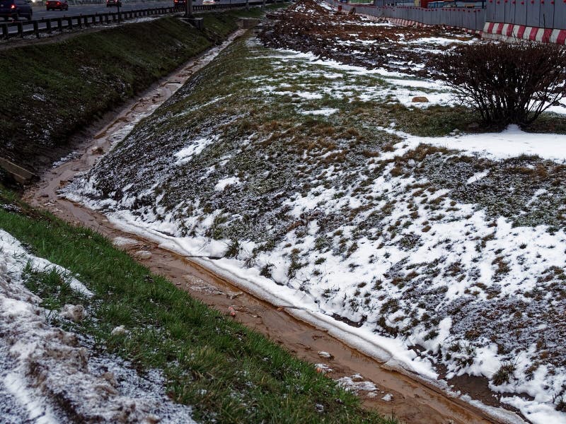 Sewage Ditch Along the Road in Spring Stock Photo - Image of line ...