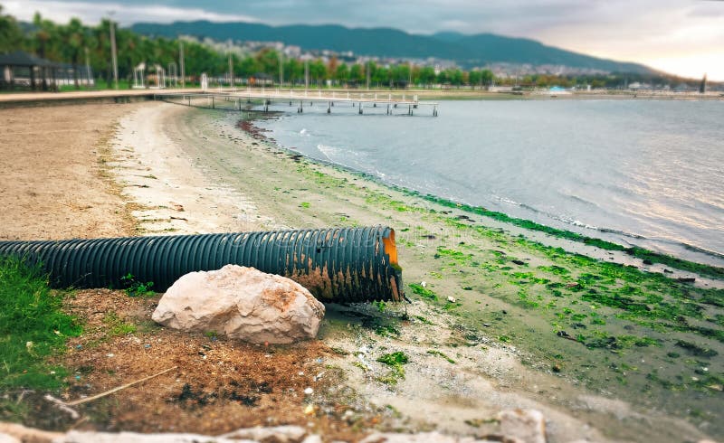 Sewage pipe beside the sea stock photo. Image of flowing - 127382964