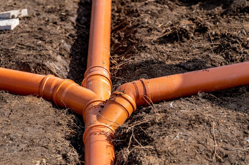 Sewage System Made of Plastic PVC Pipes in the Ground Stock Photo ...