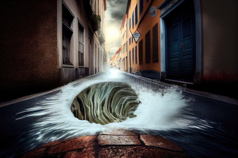Sewer Water Bursting through the Pavement and Flooding the Street Stock ...