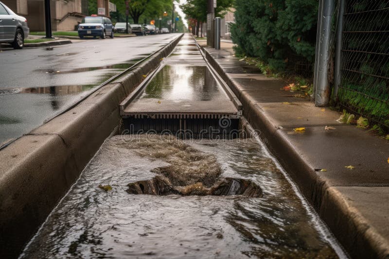 Sewer Water Overflowing Onto the Sidewalk and into Storm Drain Stock ...