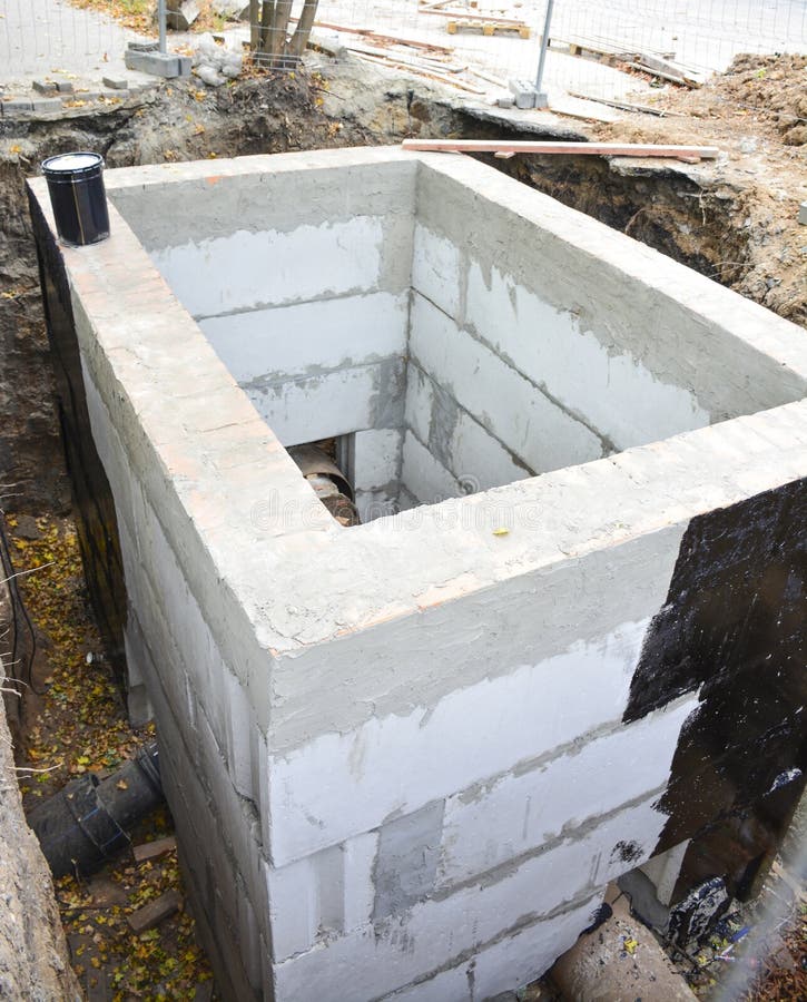 Sewerage Manhole on the Stage of Constructing. Concrete Blocks ...