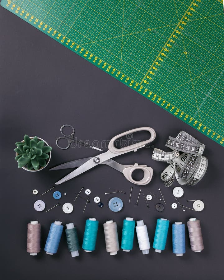 Sewing Items on a Black Background from Above Stock Photo - Image of ...