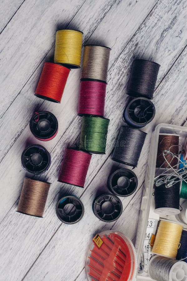 Sewing Accessories Colored Thread Needles Pins Buttons Top View Stock ...