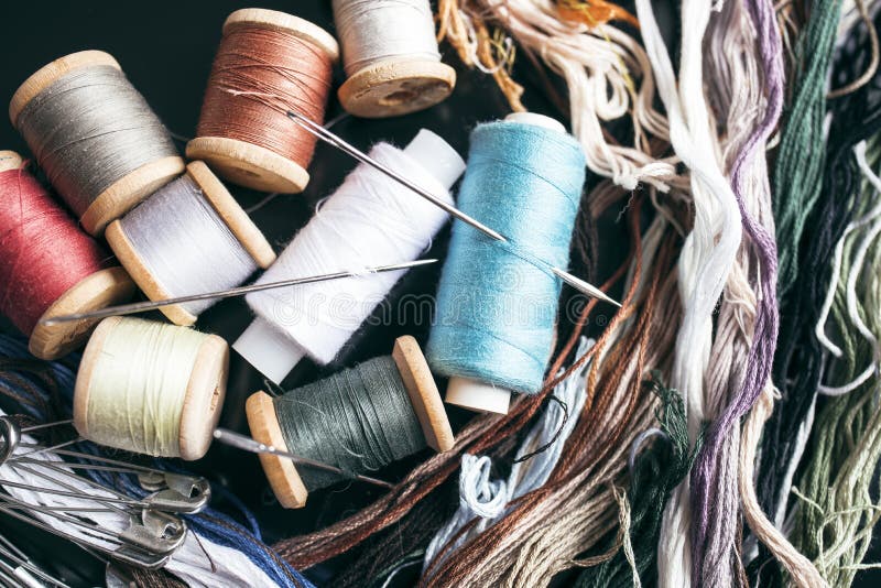 Sewing Accessories - Colorful Threads, Needles, Yarn. Stock Image ...