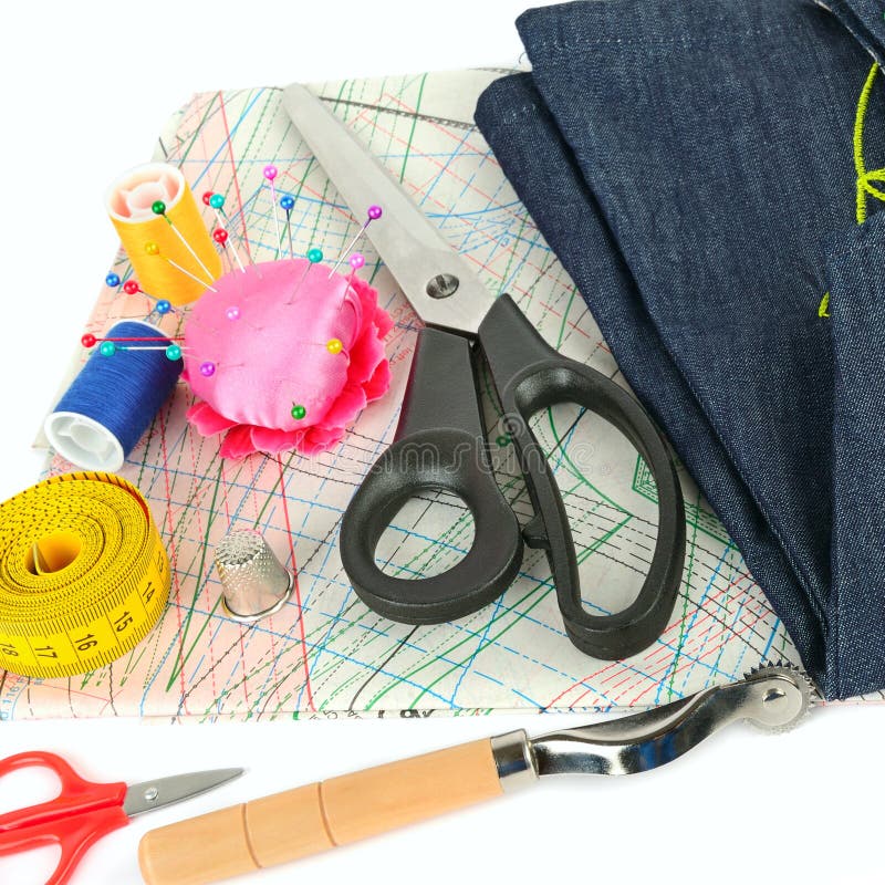 Sewing Accessories and Paper Pattern Isolated on White Background. Flat ...