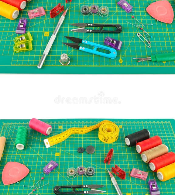 Sewing Accessories on a Patchwork Mat. Free Space for Text Stock Photo ...