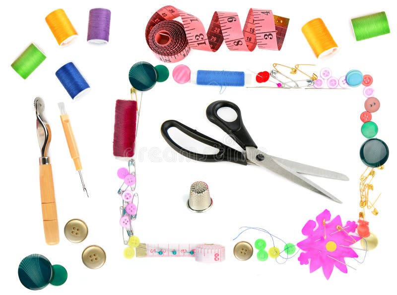 Sewing Accessories Set Isolated on White Background. Collage Stock ...