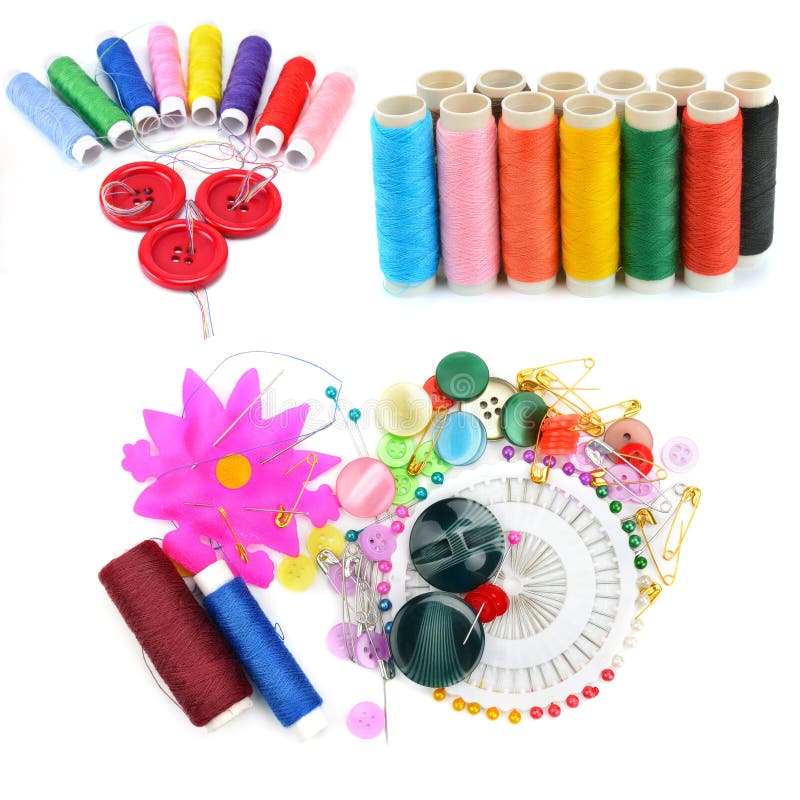 Sewing Accessories Set Isolated on White Background. Collage Stock ...