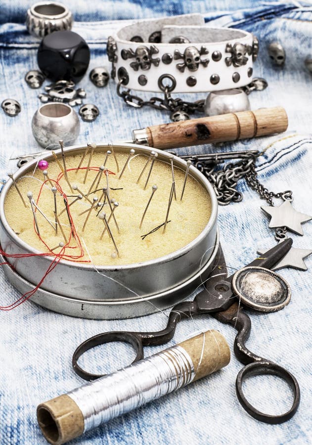 Sewing Accessories and Skull Jewelry Stock Photo - Image of full ...