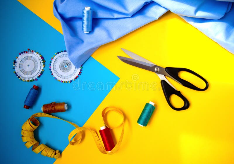 Sewing Accessories. Thread, Scissors, Measuring Tape, Cloth Stock Photo ...