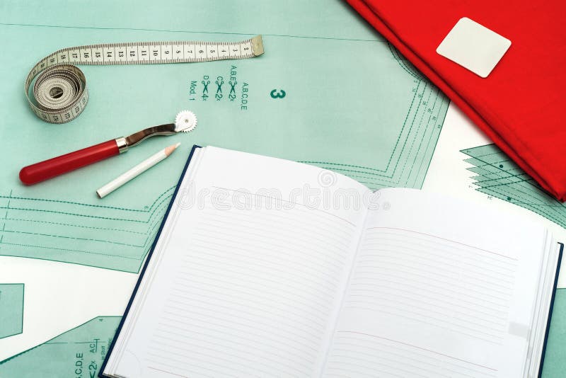 Sewing Background. Sewing Accessories, Notebook and Fabric on a Paper ...