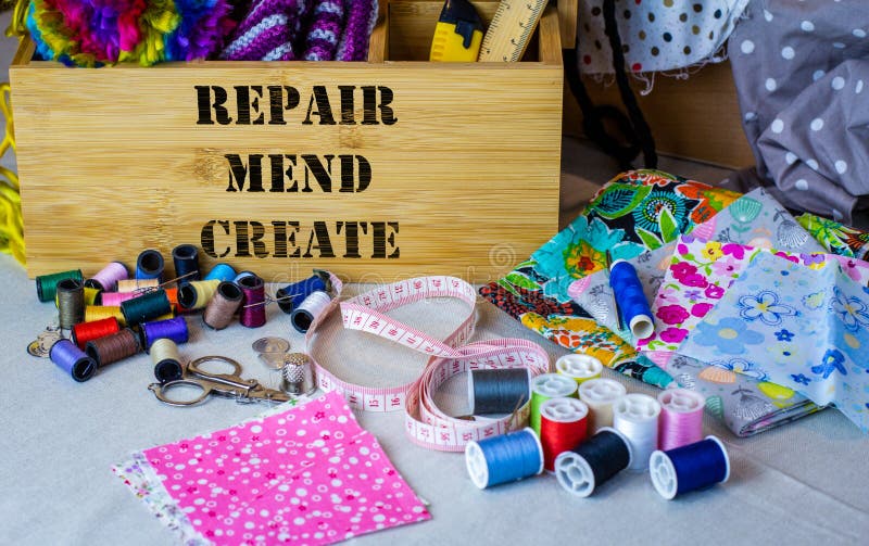 Sewing Box with Repair, Mend and Create Text Surrounded by Sewing Tools ...