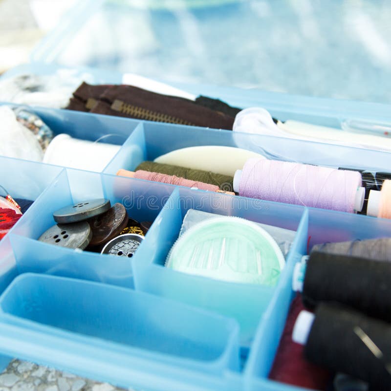 Sewing Box with Threads, Needles and Buttons Stock Photo - Image of ...