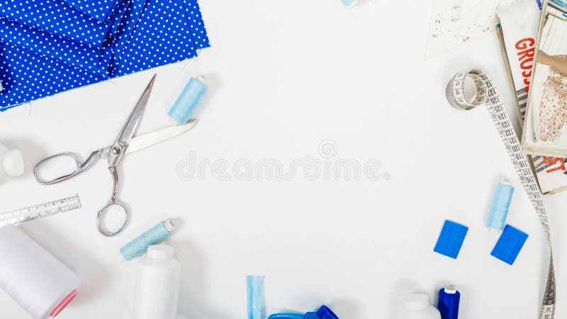 Sewing Business. Tailor`s Workplace with Threads, Scissors, Template ...