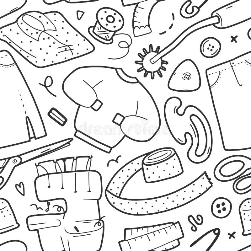 Sewing Clothes, Seamless Vector Pattern, Simple Minimal Outline Hand ...