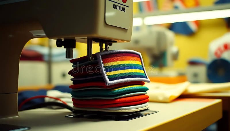 Sewing Colorful Fabric Stack with Modern Industrial Machine in Workshop ...