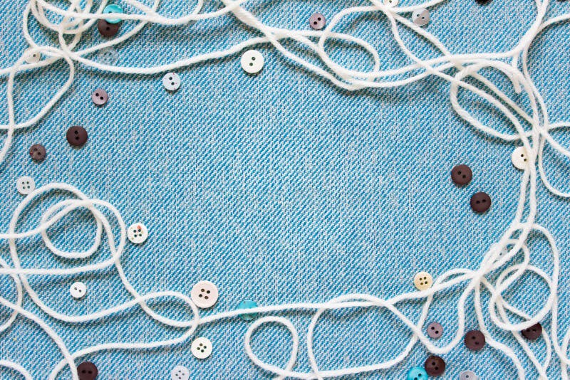 Sewing Composition with White String Buttons on Blue Fabric Stock Photo ...