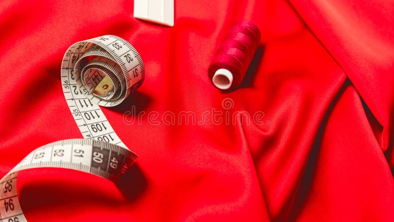 Sewing Concept. Clothing Designer Workplace. Red Fabric, Thread Stock ...