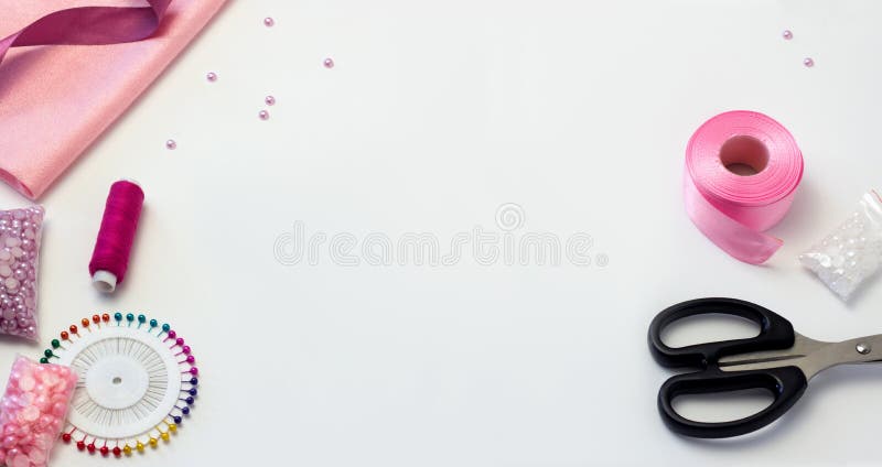 Sewing Courses Banner with Copy Space. Tailor Workplace. Tools and ...