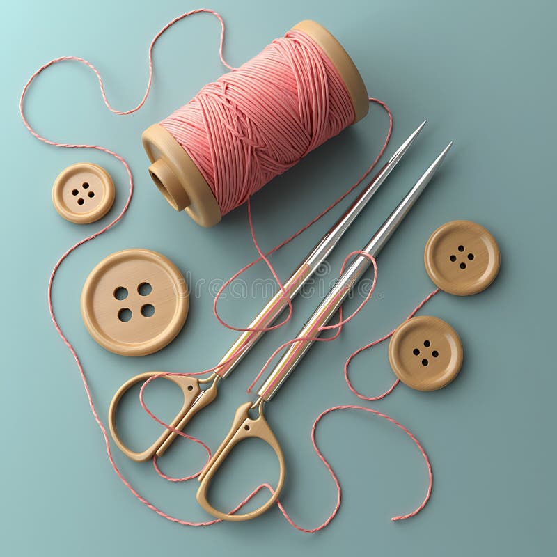 Sewing and Cutting Stylish Design, Needle and Thread, Spool and Button ...