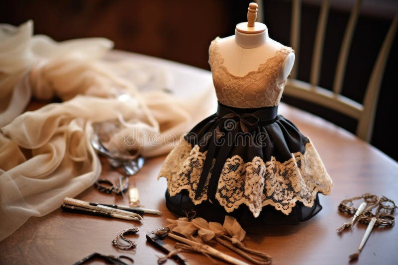 Sewing Doll Clothes with Lace and Ribbon Stock Illustration ...