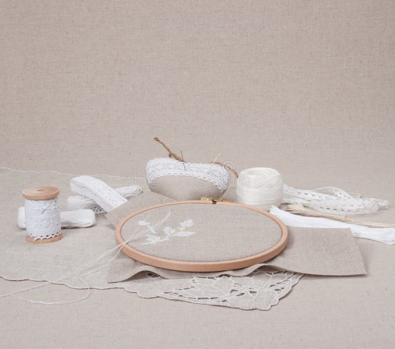 Sewing and Embroidery Craft Kit. Natural Linen Stock Image - Image of ...