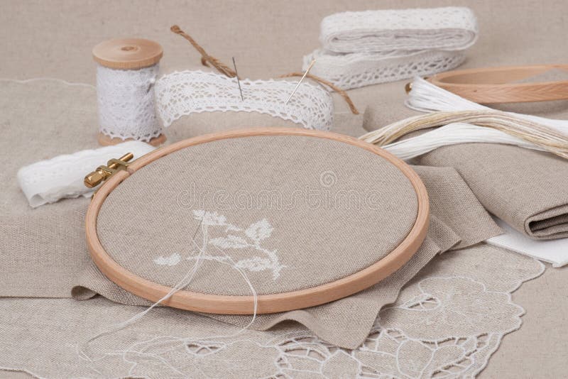 Sewing and Embroidery Craft Kit. Natural Linen Stock Image - Image of ...