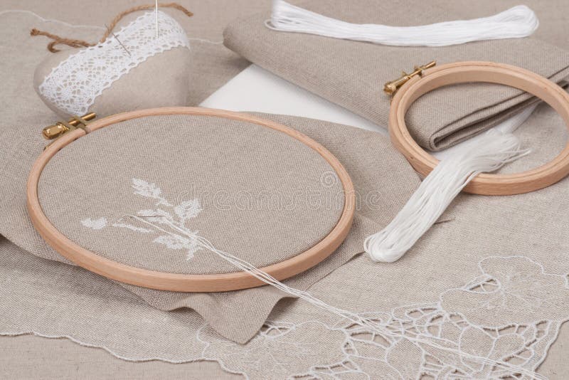 Sewing and Embroidery Craft Kit. Natural Linen Stock Image - Image of ...