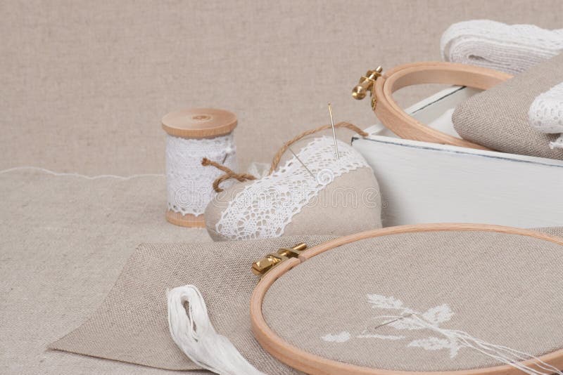 Sewing and Embroidery Craft Kit. Natural Linen Stock Image - Image of ...