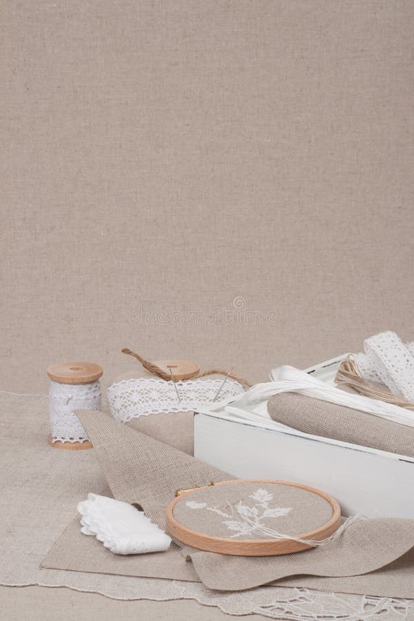 Sewing and Embroidery Craft Kit. Natural Linen Stock Image - Image of ...
