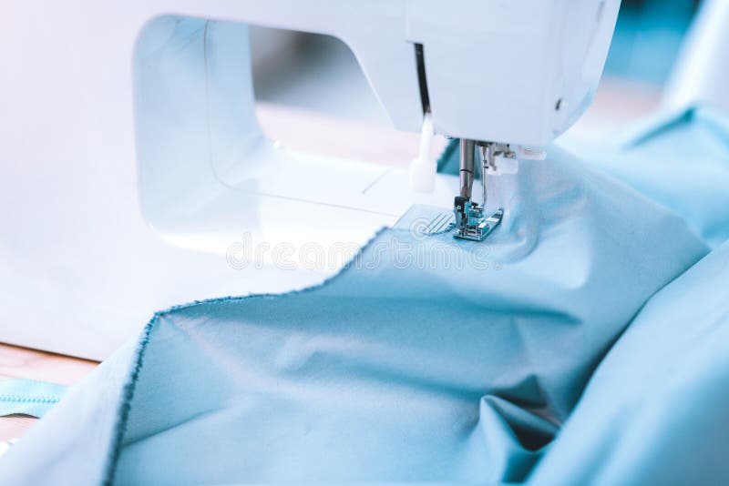 View of Sewing Machine with Blue Textile Stock Image - Image of process ...
