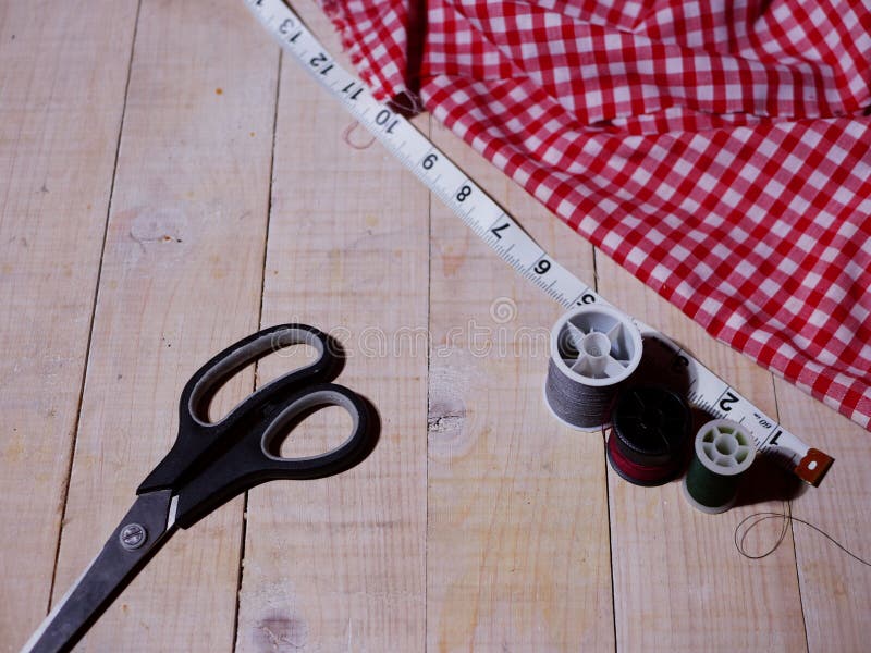 Sewing Equipment with Cotton and Scissors Medium Overhead Shot Stock ...