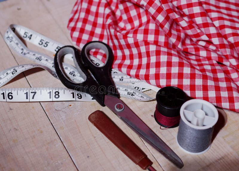 Sewing Equipment with Cotton and Scissors Medium Overhead Shot Stock ...