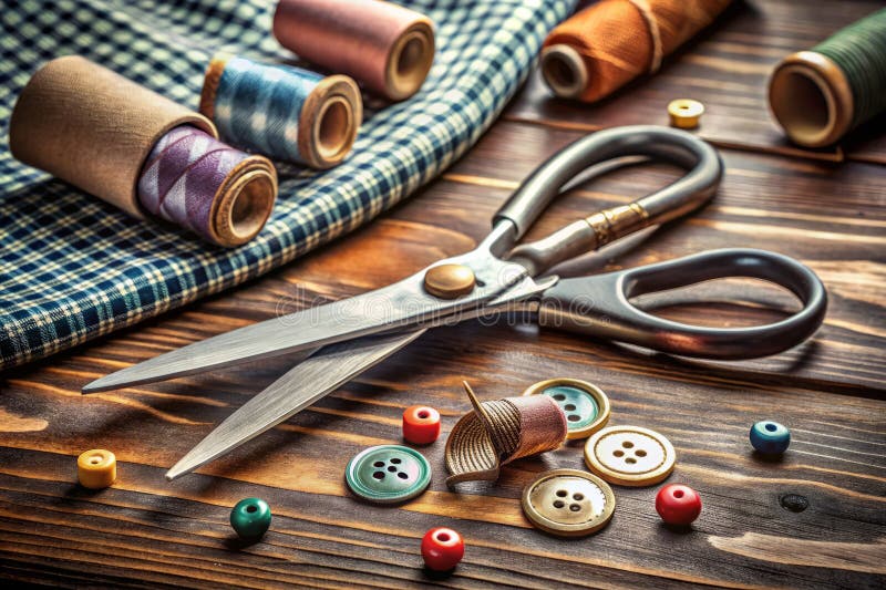 Sewing Essentials Scissors Needle Thread and Fabric Scraps on a Craft Table Stock Illustration ...