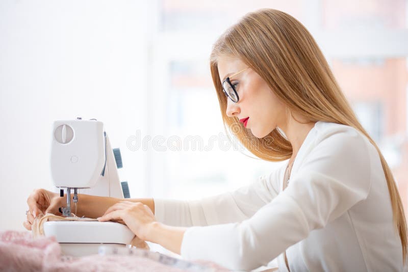 Sewing Factory, Woman Tailor Works on Machine Stock Photo - Image of ...
