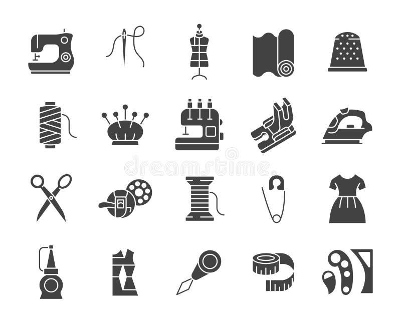 Sewing Glyph Icon Set. Vector Collection with Sewing Machine, Needle ...