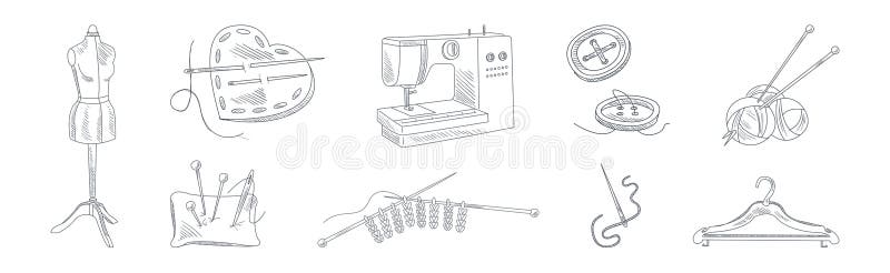 Sewing Hand Drawn Object and Tool Vector Set Stock Illustration - Illustration of craft, sewing ...