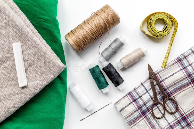 Sewing Hobby With Tools, Thread, Scissors White Background Top View ...