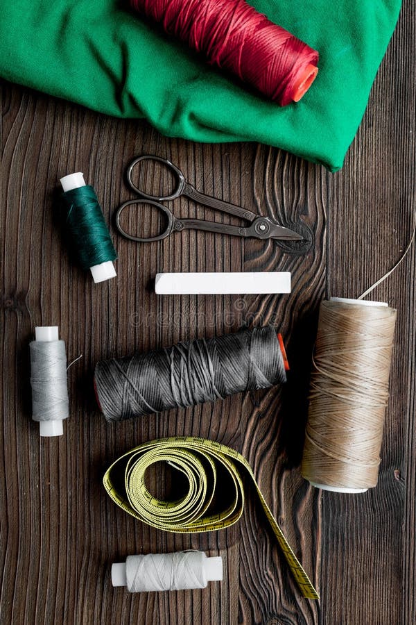Sewing Hobby with Tools, Thread, Scissors Wooden Background Top View ...