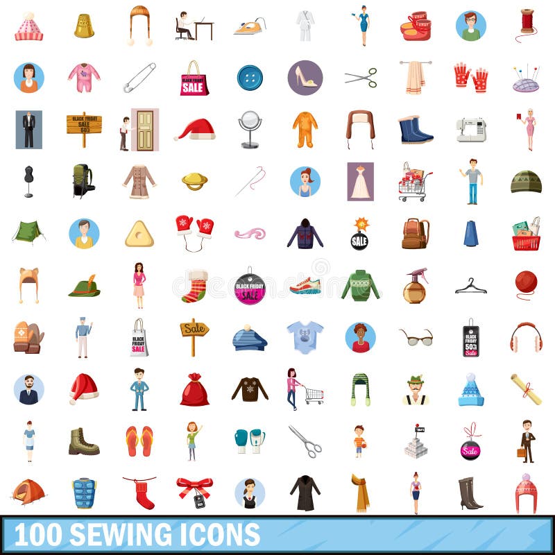 100 Sewing Icons Set, Cartoon Style Stock Vector - Illustration of ...