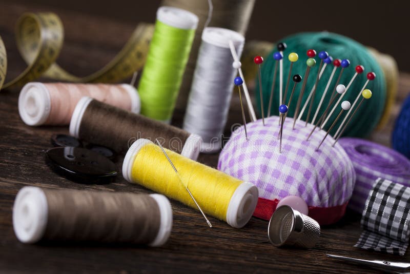 Sewing Instruments, Threads, Needles, Bobbins and Materials. Stock ...